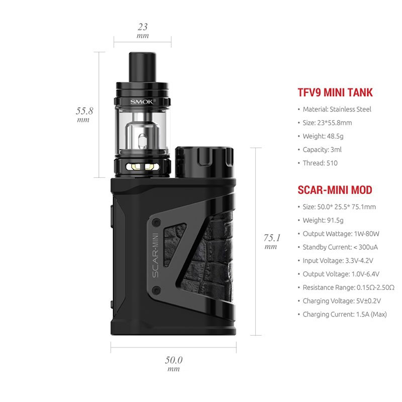 Authentic SMOK Scar-Mini Kit 80W VW Box Mod with TFV9 Mini Tank Vape ...